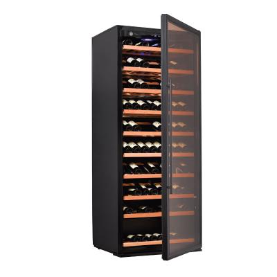 China Freestanding Wood Wine Cooler Cabinet with Lockable Glass Door, Adjustable Wooden Shelves, and Precision Temperature Control for sale