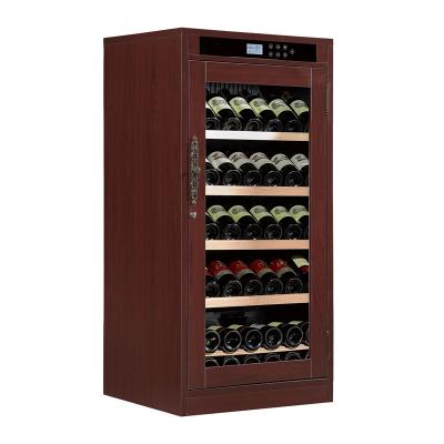 China Burgundy Wood Finish Wine Cooler Cabinet with Lockable Glass Door and Thermoelectric Cooling for sale