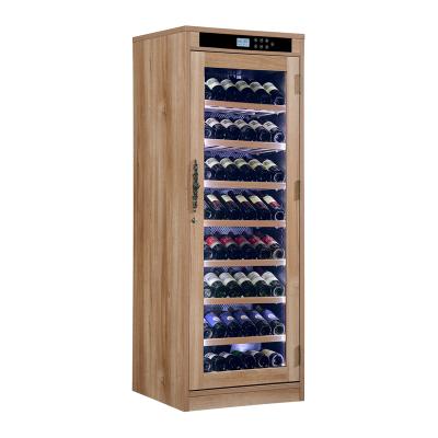 China Wood Grain Finish Kitchen Wine Cooler Cabinet with Precision Temperature Control and Adjustable Shelves for sale