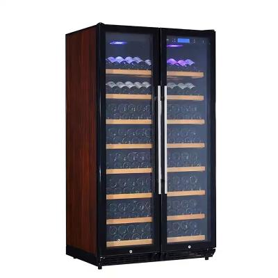 China Wood Finish Frame Dual Zone Wine Cooler Cabinet With Double Glass Doors for sale