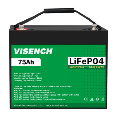 China Visench 5000 Deep Cycle 12V 75Ah Lithium Iron Phosphate Battery Lifepo4 Battery For Campers Rv Solar Energy System for sale