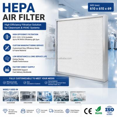 China H13 H14 HEPA Filter with Aluminum Frame and Customized Size for Cleanroom Laminar Air Flow Hood for sale