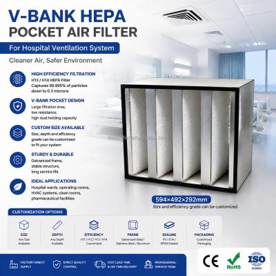 China Customized H13 H14 V-Bank HEPA Filter with Galvanized Frame for Cleanroom HVAC System 594x492x292mm for sale