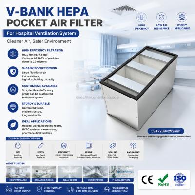 China Customized Size V Bank HEPA Filter with Galvanized Frame and H13 Grade for HVAC Air Purification for sale