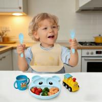 China Cartoon Pattern Silicone Kids Dining Plate Set Multi Compartment Fork Spoon Non Toxic Heat Resistant Dishwasher Safe for sale