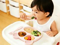 China Baby Feeding Set Multi Compartment Silicone Kids Dining Plate Cartoon Bear Design Fork Spoon Non Toxic Heat Resistant Dishwasher Safe for sale