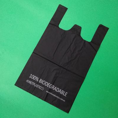 China 100% biodegradable and compostable T-shirt bag, black color, size 0.025mm x (30+15)x50cm, withstand 5kg for sale