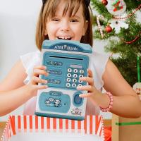 China Kids Educational ATM Piggy Bank Blue Electronic Safe with Password and Fingerprint 3 Music for sale