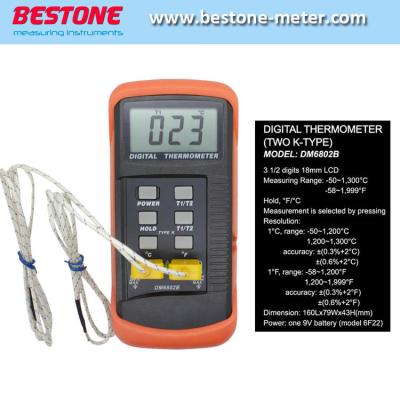 China Dm6802b LCD Display Digital Thermometer with K Type Thermocouple Sensor Double Channel for sale
