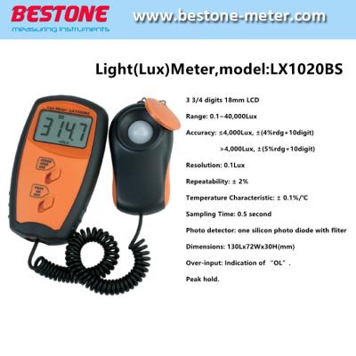 China Digital Light Luxmeter with 0.1~40,000lux Range and 3 3/4 Digits LCD Display CE and ROHS Certified LX1020BS for sale