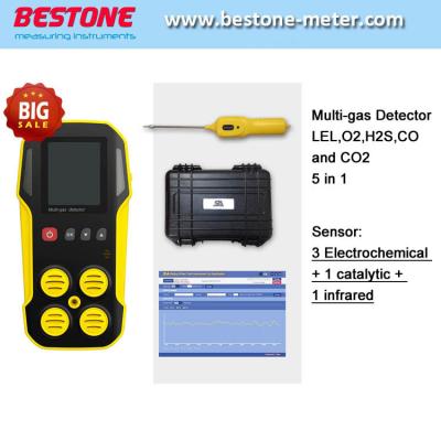 China 5 Gas Analyzer, Backlit LCD Display 5 Gases Monitor Simultaneously Lel, O2, H2s, Co, CO2 5 in 1 Portable Multi-Gas Detectors for sale