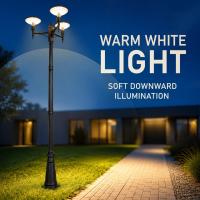 China 15W Triple Head Round Solar Garden Lamp Post IP65 Aluminum Outdoor Pole Light for Parks Pathways for sale