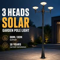 China 15W Triple Head Round Solar Garden Lamp Post IP65 Aluminum Outdoor Pole Light for Parks Pathways for sale