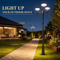 China 15W Triple Head Round Solar Garden Lamp Post IP65 Aluminum Outdoor Pole Light for Parks Pathways for sale