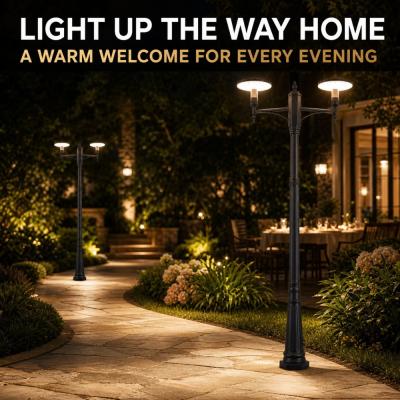 China 10W Twin Head Solar Garden Lights with Round Disc LEDs for Courtyards Walkways Public Spaces for sale
