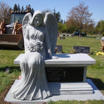 China Customized Blank Black Marble Granite Antique Headstone Memorial Stones Gravestone with Weeping Angel Statue For Sale for sale