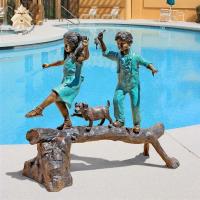 China Custom Bronze Children Sculpture Walking on single-plank bridge on Wood For Sale for sale
