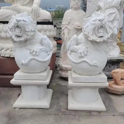 China Custom large size marble lion sculptures with balls hand-carved natural stone animal sculptures for outdoor garden decor for sale