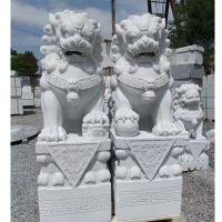 China Life Size Chinese Lion Natural Marble Garden Animal Sculpture for Theme Park Ornament for sale
