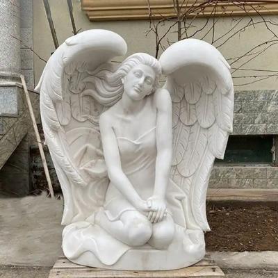 China Factory customized Kneeling angel statue life size white marble figure sculpture for cemetery for sale