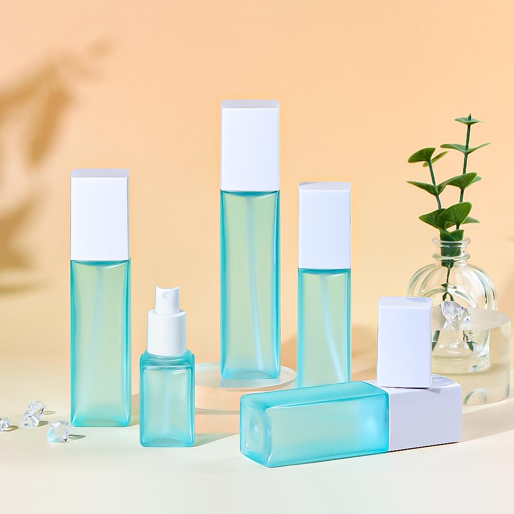 Blue frosted semi-transparent plastic makeup bottle