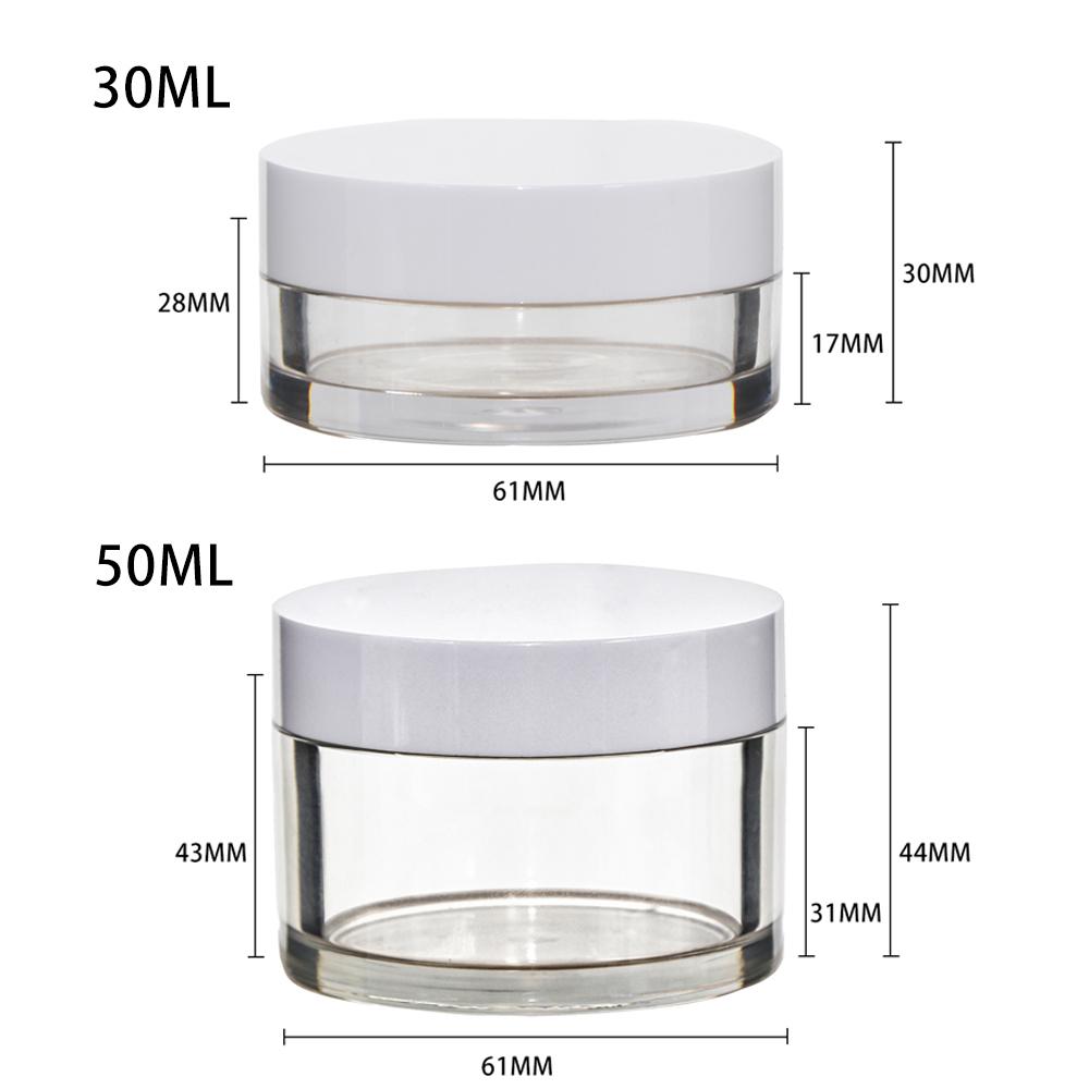 Cosmetic cream jar size chart showing 30ML and 50ML with detailed dimensions in millimeters