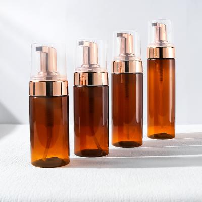 China Wholesale Food-Grade PET Foam Pump Bottle with Light-Blocking Tea-Colored Body and Rose Gold Metallic Cap for sale