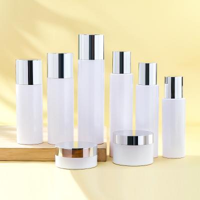 China White Cream Jar and Toner Bottle Set with Electroplated Silver Cap Leak-proof and Recyclable Materials for Premium Cosmetic Packaging for sale