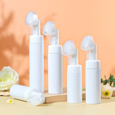 China White PET Foam Pump Bottle with Built-in Hard Brush for Facial Cleanser in 100ml/150ml/200ml/250ml Capacity for sale