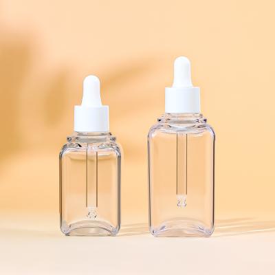 China PETG Square Thick Wall Transparent Squeeze Dropper Bottle for Cosmetic Serum Packaging for sale