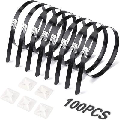 China Solar Zip Cable Tie PVC Coated Stainless Steel 5.6mm Width Black Metal Cable Ties for sale