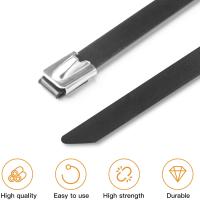 China Solar Zip Cable Tie PVC Coated Stainless Steel 5.6mm Width Black Metal Cable Ties for sale