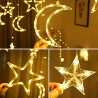 China IP44 138LED Solar Powered Curtain Star Moon Lights Twinkle For Backyard for sale
