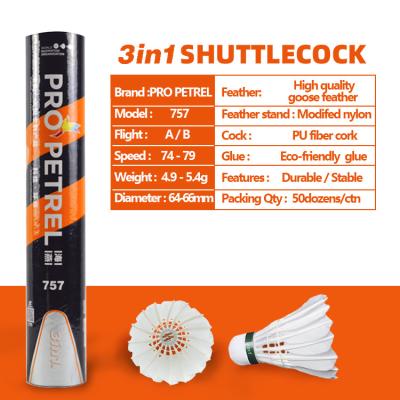 China Popular 3 In 1 Shuttles Ball Pro Petrel 757 Badminton Shuttlecock for sale