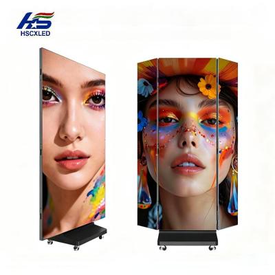 China HSCXLED Led Advertising Digital P2.5 P1.86 GOB Folding Indoor Double Sided Three Led Tri Fold Poster Foldable Led Screen Display for sale
