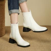 China Classical white Leather Square Heel Ankle Boots Chunky Heel Casual Women Heeled Shoes for sale