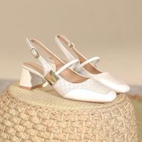 China Women Thick Heeled Single Shoes One Line Buckle Wrapped Toe Sandals French Square Heels High Heels for sale