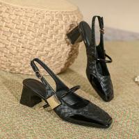 China Women Thick Heeled Single Shoes One Line Buckle Wrapped Toe Sandals French Square Heels High Heels for sale