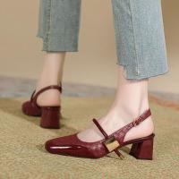 China Women Thick Heeled Single Shoes One Line Buckle Wrapped Toe Sandals French Square Heels High Heels for sale