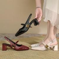 China Women Thick Heeled Single Shoes One Line Buckle Wrapped Toe Sandals French Square Heels High Heels for sale