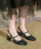 China Women Thick Heeled Single Shoes One Line Buckle Wrapped Toe Sandals French Square Heels High Heels for sale