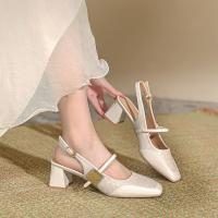 China Women Thick Heeled Single Shoes One Line Buckle Wrapped Toe Sandals French Square Heels High Heels for sale