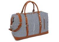 China Blue White Striped Women Canvas Travel Duffle Bag Women'S Weekender Bags for sale