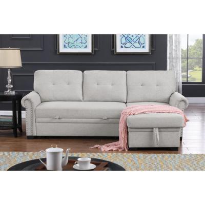 China Cara furniture Living room furniture set sofa bed BEIGE Linen Upholstered Reversible L shape Sofa Bed for sale