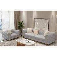 China Top grade Dongguan CARA FURNITURE various color gold metal leg tufted velvet gray recliner sofa set 3 2 1 for sale