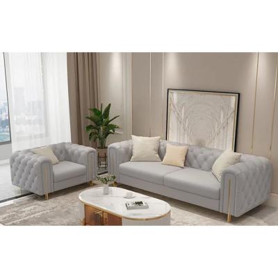 China Top grade Dongguan CARA FURNITURE various color gold metal leg tufted velvet gray recliner sofa set 3 2 1 for sale