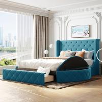 China up-holstered beds king size bed frame luxury peacock green color soft beds for bedroom for hotel for apartments for sale