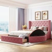 China Customized beds luxury velvet beds queen size king size pink color modern functional beds for bedroom for hotel for sale