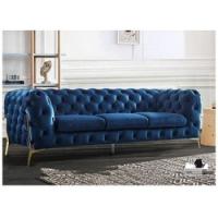 China Customized Luxury Italian living room sofa Furniture Tufted 3seater Upholstered Blue color Gold metal legs home Sofa Set for sale