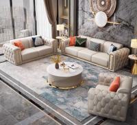 China Luxury Beige Sofa Set Furniture Velvet 1 2 3 Seat Gold Stainless Steel Living Room Sofas for sale